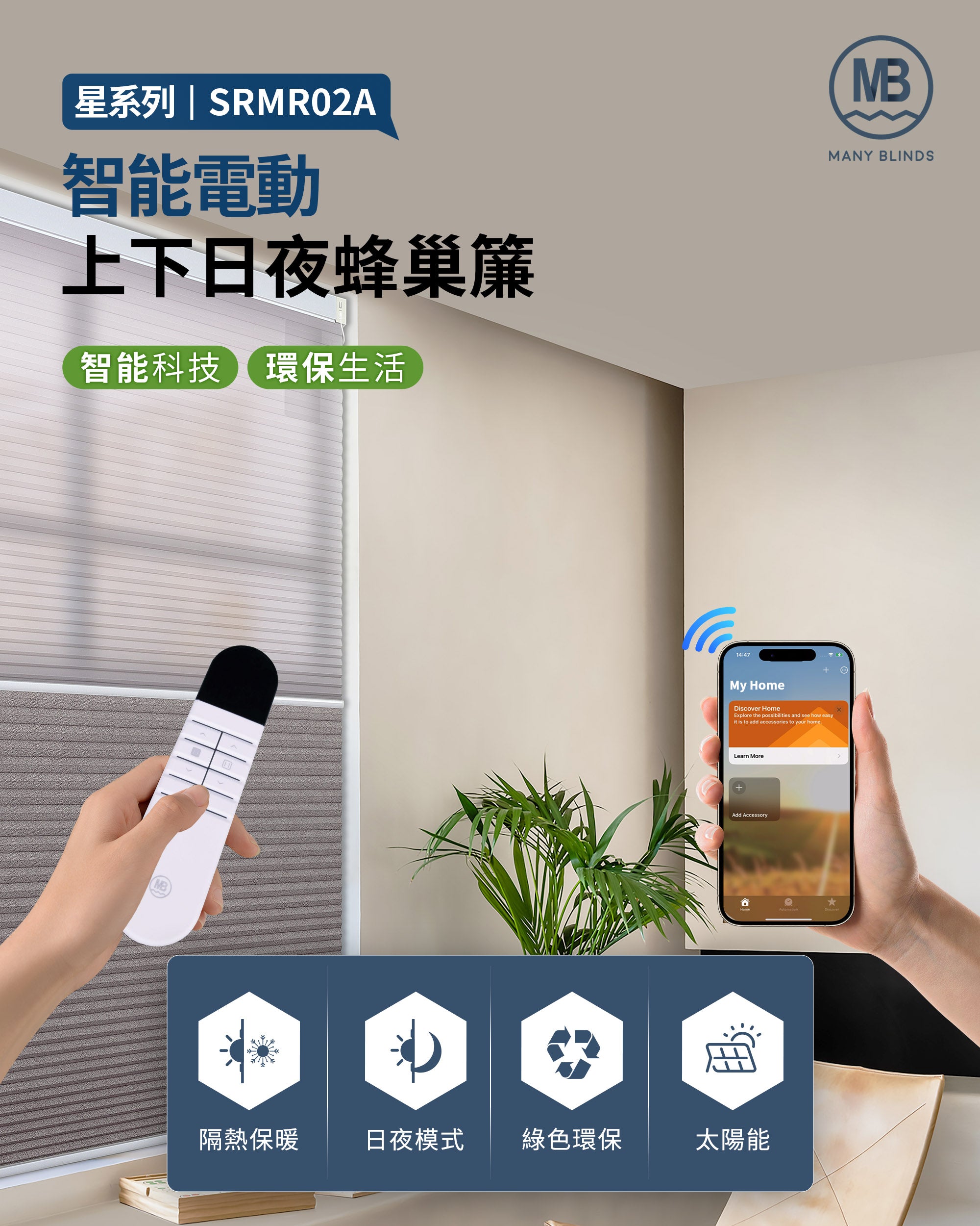 Solar-powered day and night honeycomb – Many Blinds